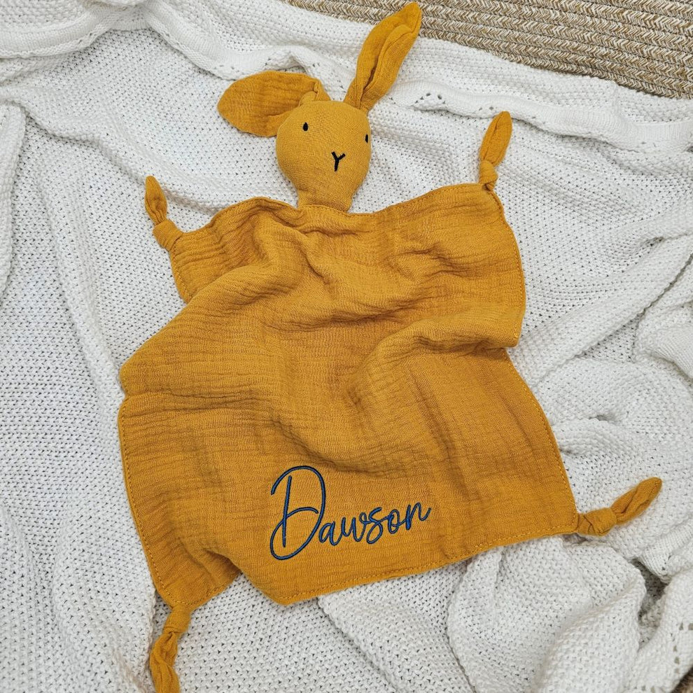 Personalised Mustard Bunny Muslin Baby Comforter – Embroida