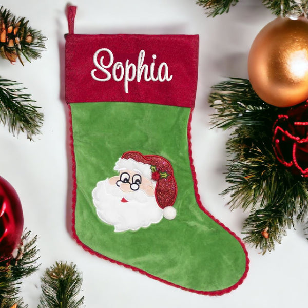 Personalised Green Santa Christmas Stocking – Embroida